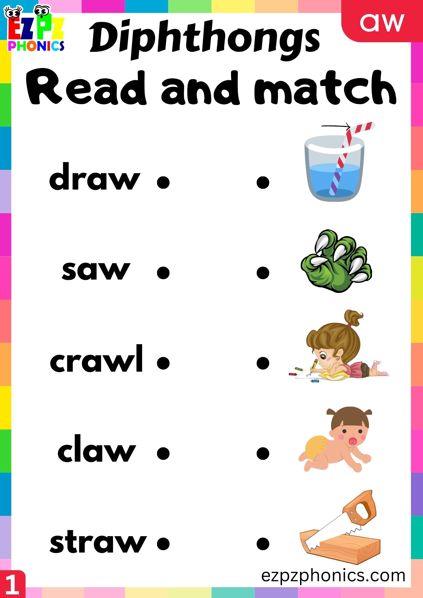 aw Diphthong Read and Match the Image Worksheet PDF Download - ezpzphonics.com